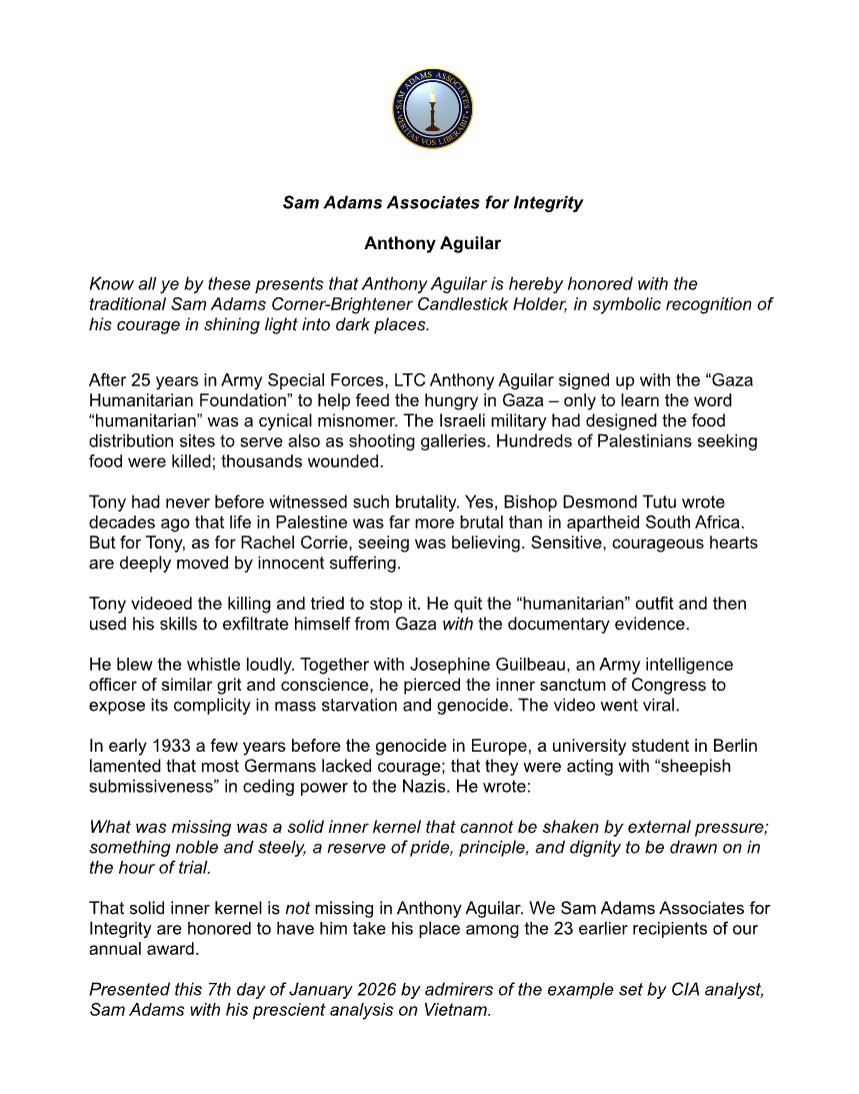 WATCH: Anthony Aguilar Receives Sam Adams Award – Consortium News